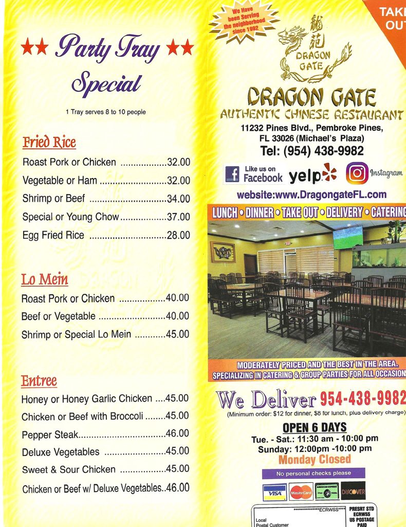 Take Out Menu - Dragon Gate Chinese Food Restaurant Delivery Miramar ...